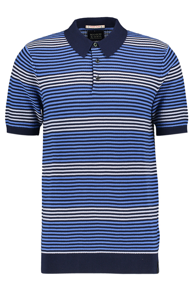 Scotch And Soda Structured Stripe Knitted Polo Blue Multi Stripe Voorwinden